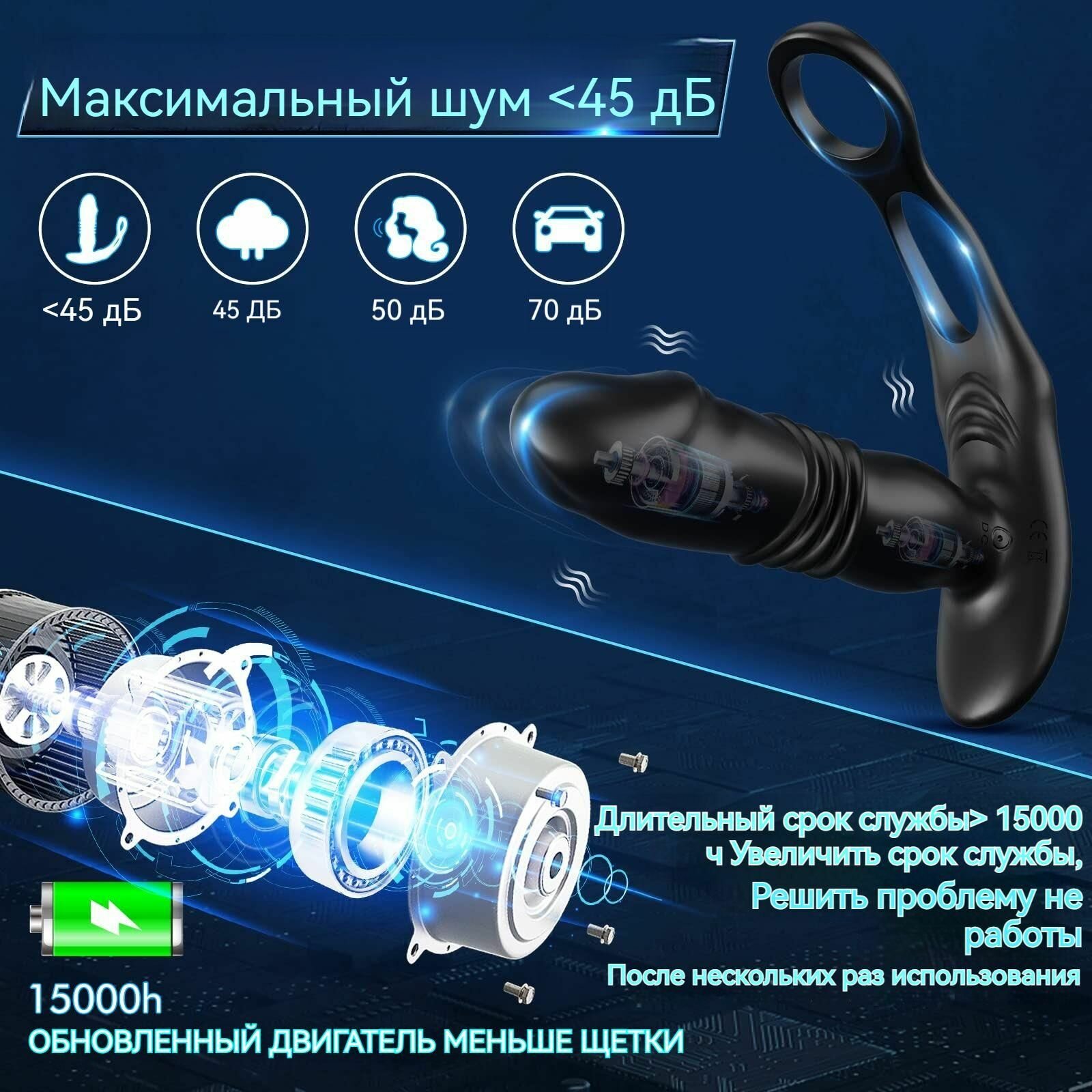 Анальный дилдо-массажер простаты с 12 вибрациями 3 ударами и двойным кольцом для члена