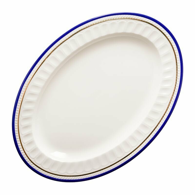 Блюдо. Объединение "гжель". Блюдо овальное "Афина" (золотой мистраль), длина 310мм, 24-х каратное золото, костяной фарфор