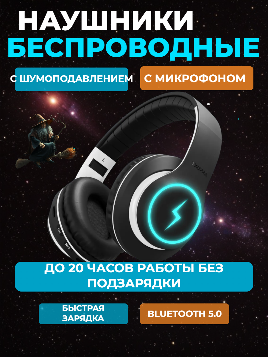 Наушники беспроводные, с шумоподавлением, накладные, с микрофоном