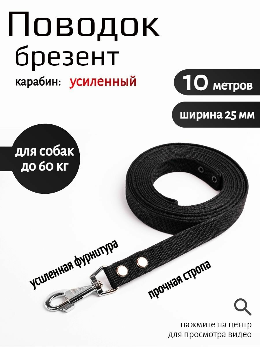 Поводок Хвостатыч для собак крупных пород брезент с карабином 10 м х 25 мм (черный)