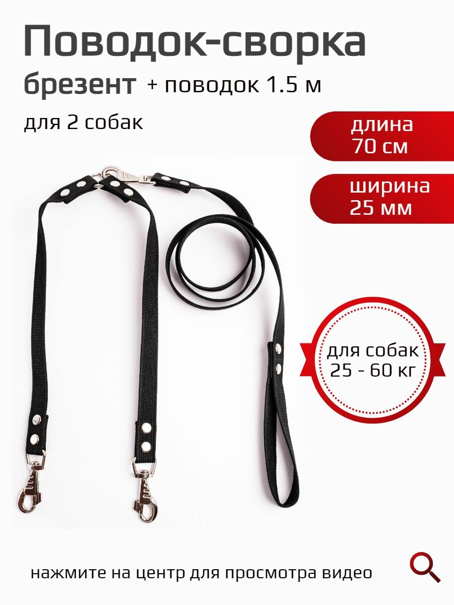 Сворка Хвостатыч для двух собак брезент 70 см х 25 мм с поводком 1.5 м (черный)