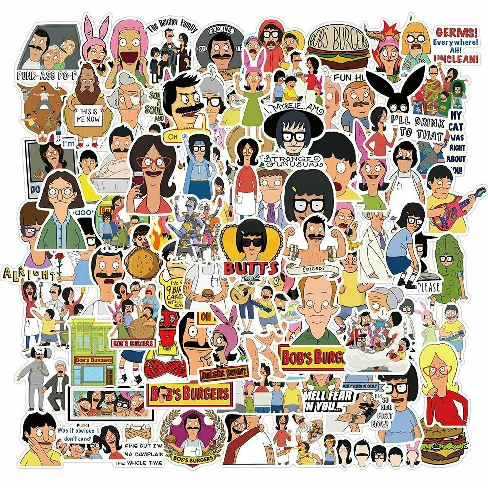 100шт Bob's Burgers Виниловые Водонепроницаемые Наклейки для Бампера Ноутбука, Скейтборда