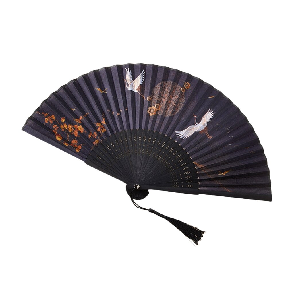 Элегантный китайский складной веер с узором журавлей для выступлений, дерево и ткань с кистями