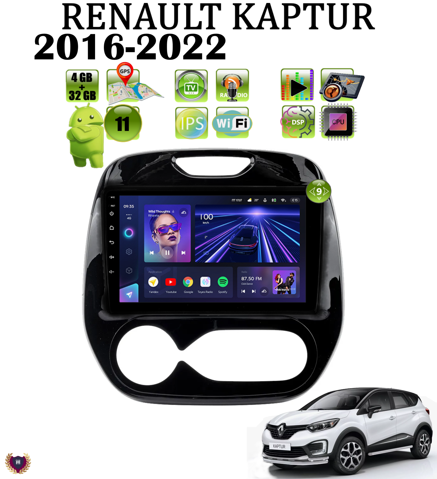Автомагнитола для Renault Kaptur/Рено Каптюр (2016-2022) климат контроль, Android 11, 4/32 GB, CarPlay, Bluetooth, WiFi, разделение экрана