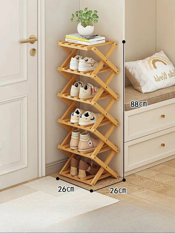 Обувница | бамбуковая, раскладная | открытая (без стенки) | 26x26x88 см | стиль минимализм | горчичный | для прихожей/дома | взрослые+дети