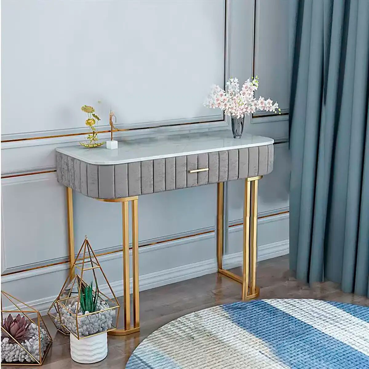 Туалетный столик с мраморной столешницей обитый велюром Zoy (столик 80 см 1 ящик без зеркала без стула, цвет в комментарий)