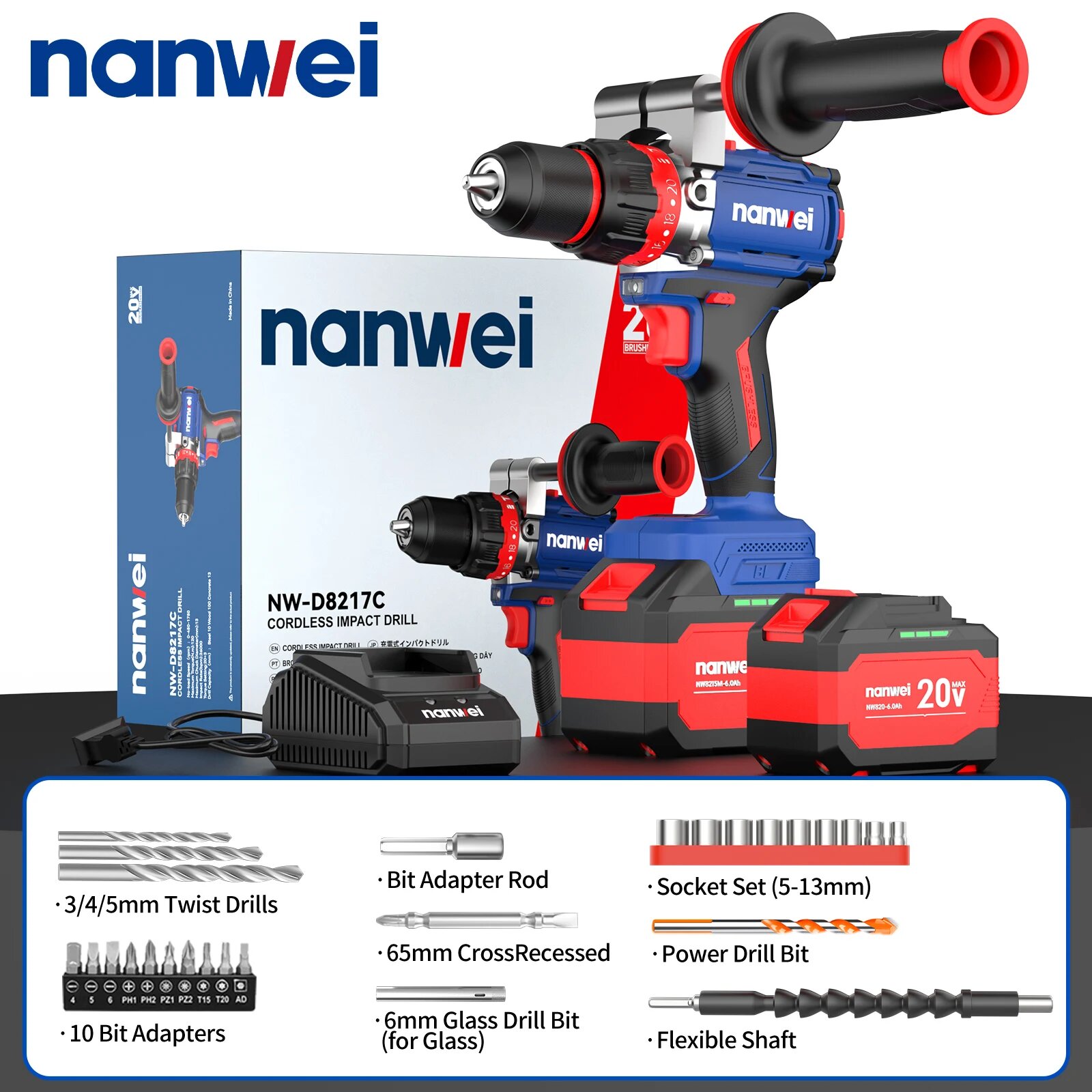 Аккумуляторная ударная дрель NANWEI 20В 6.0AH 2 b A 120NM