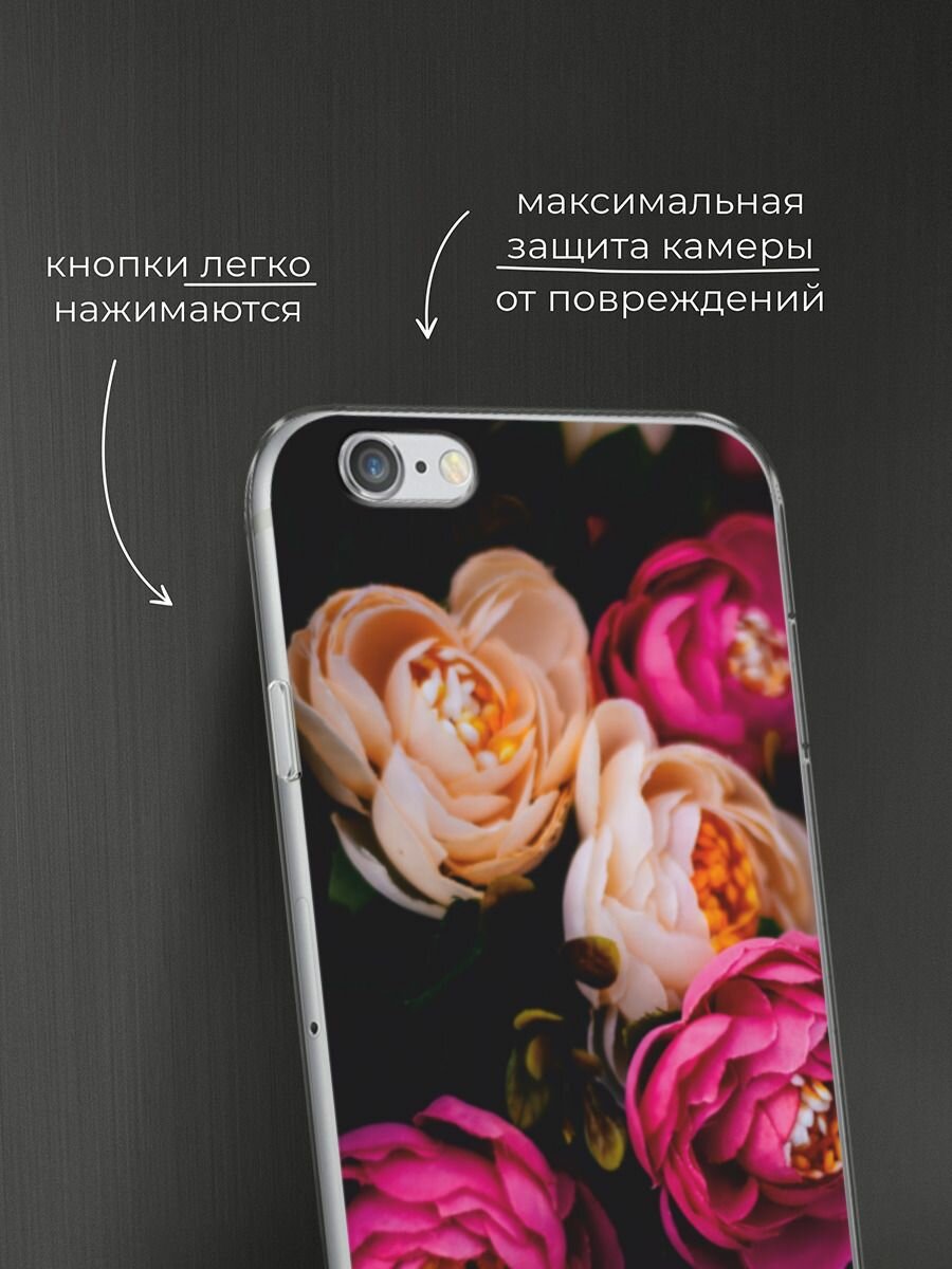 Чехол на Apple iPhone 6 / Айфон 6 с принтом "Розовые пионы на черном" — фото 1