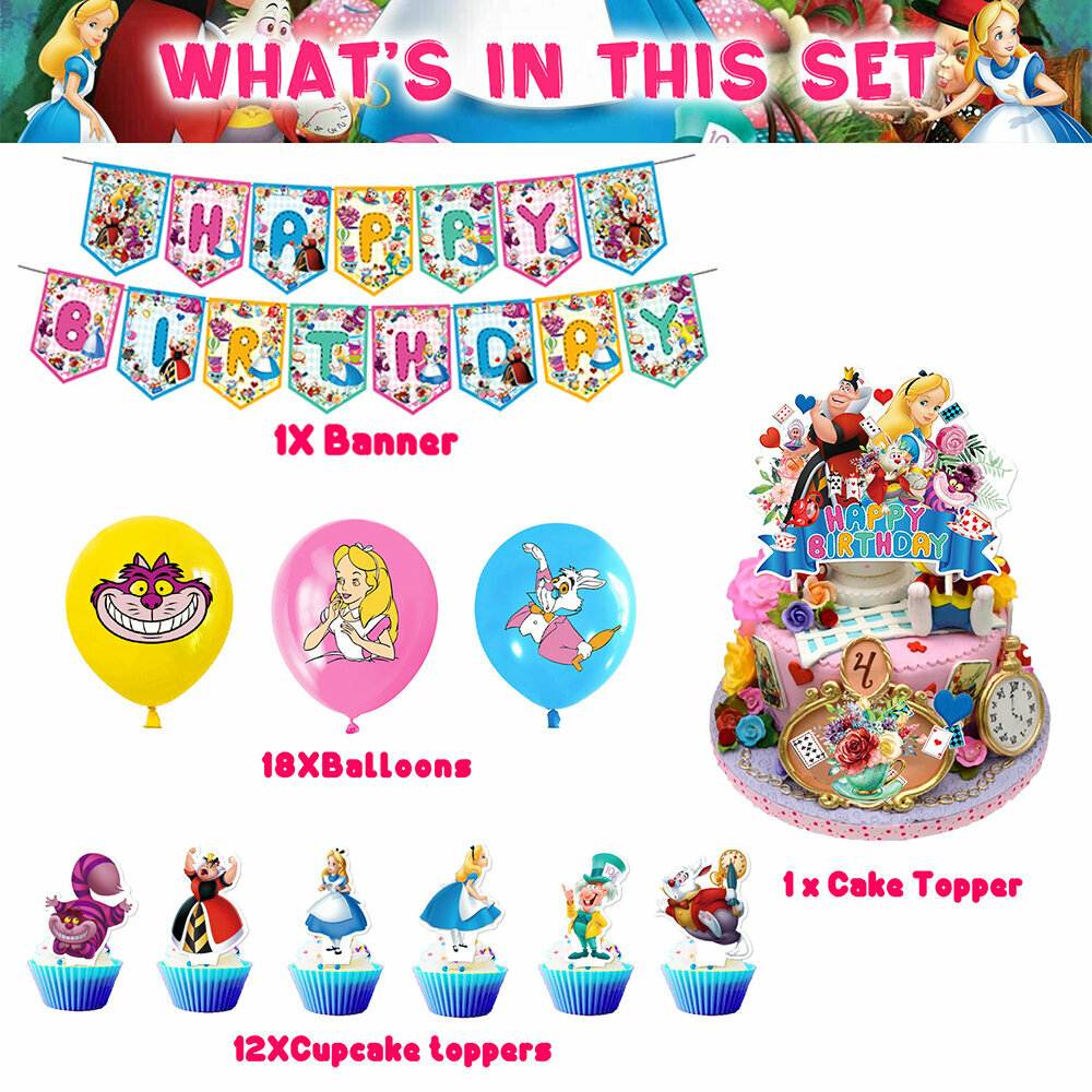 32шт Украшения для вечеринки "Алиса В Стране Чудес" Включают В Себя Топпер Для Торта, Баннер с Воздушным Шаром
