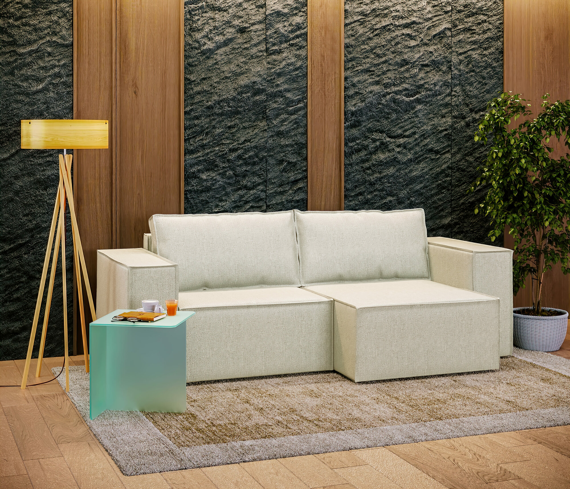 Угловой диван эби, еврокнижка, рогожка саванна милк , ППУ