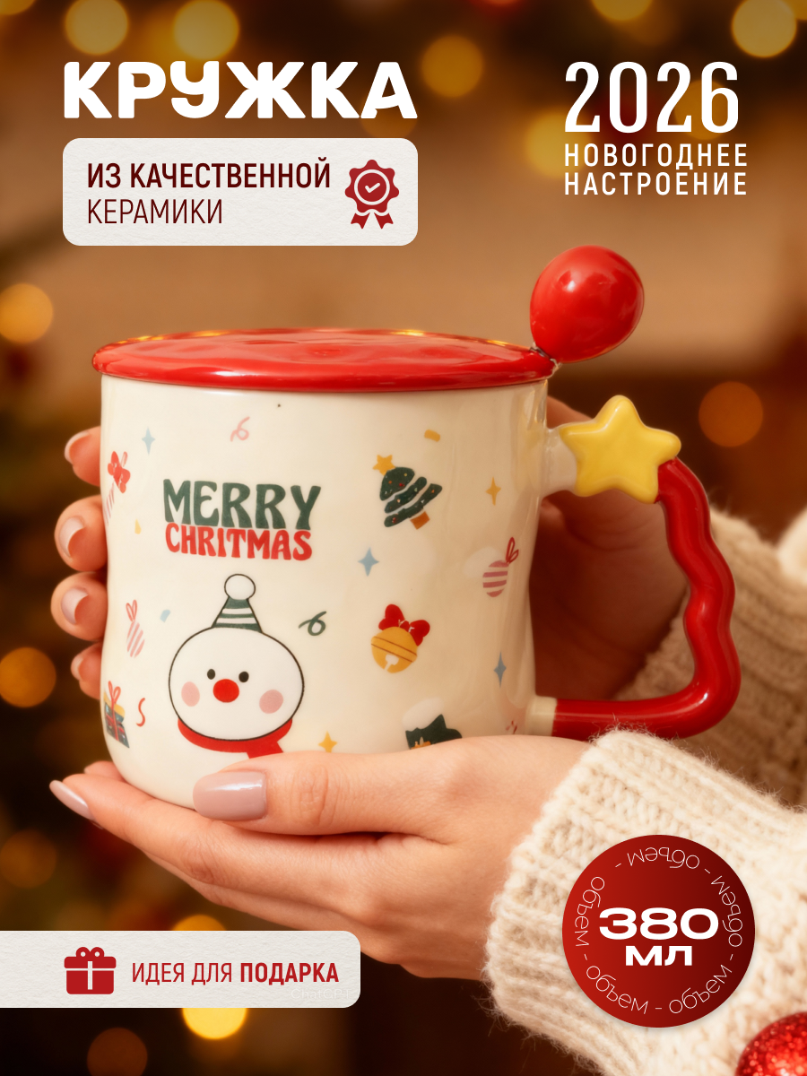 Кружка для чая новогодняя "Новый год Снеговик" красная 380 мл, с крышкой и ложкой, керамика, подарочная, праздничная