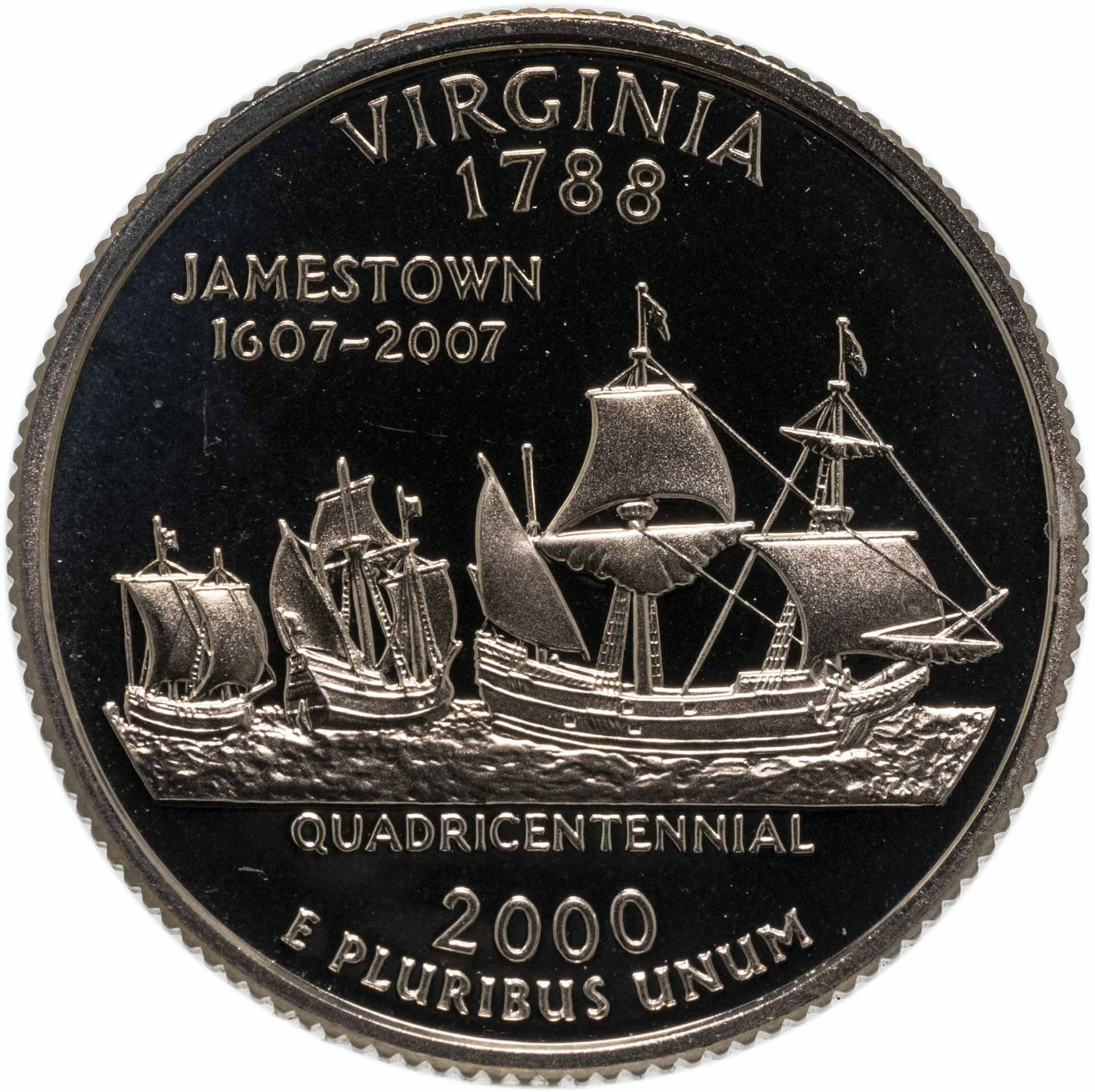 США 25 центов квотер, 1/4 доллара, quarter dollar 2000 "Квотер штата Вирджиния", знак монетного двора: "S" - Сан-Франциско, Медь, в сохранности Proof