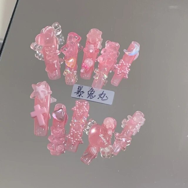 Набор из 10 горячих длинных заостренных ногтей ручной работы в форме гроба, полностью покрывающих ногти, накладные ногти Sanrio KT с металлической цепочкой и сверкающими бриллиантами в виде цветка, Размер: М-16-12-13-12-10