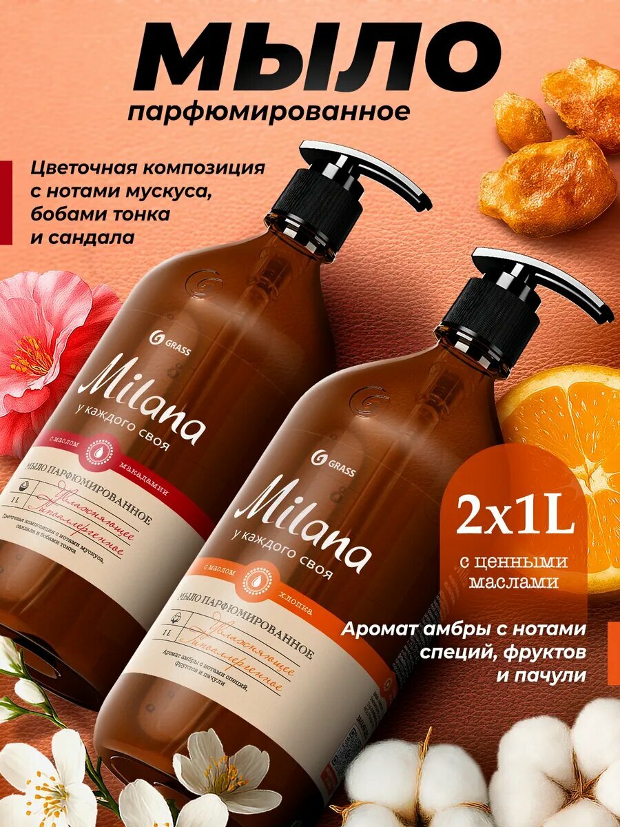 Набор Жидкое мыло для рук GRASS Milana Амбра и Нероли 1л, Ветивер и чёрный перец 1л
