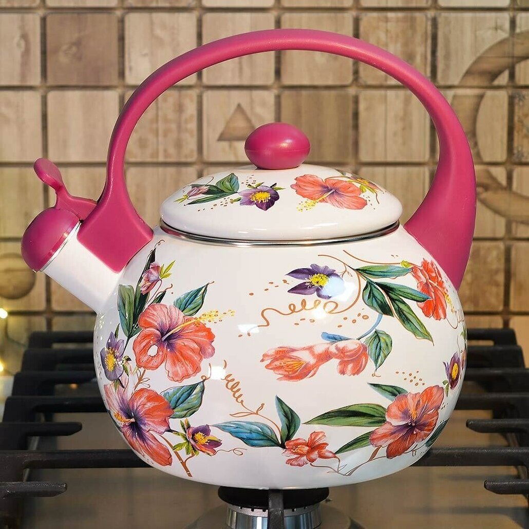 Чайник 2л из эмалированной стали «Гибискус» с цветочным узором, свистком, ручкой и носиком, для дома и кухни