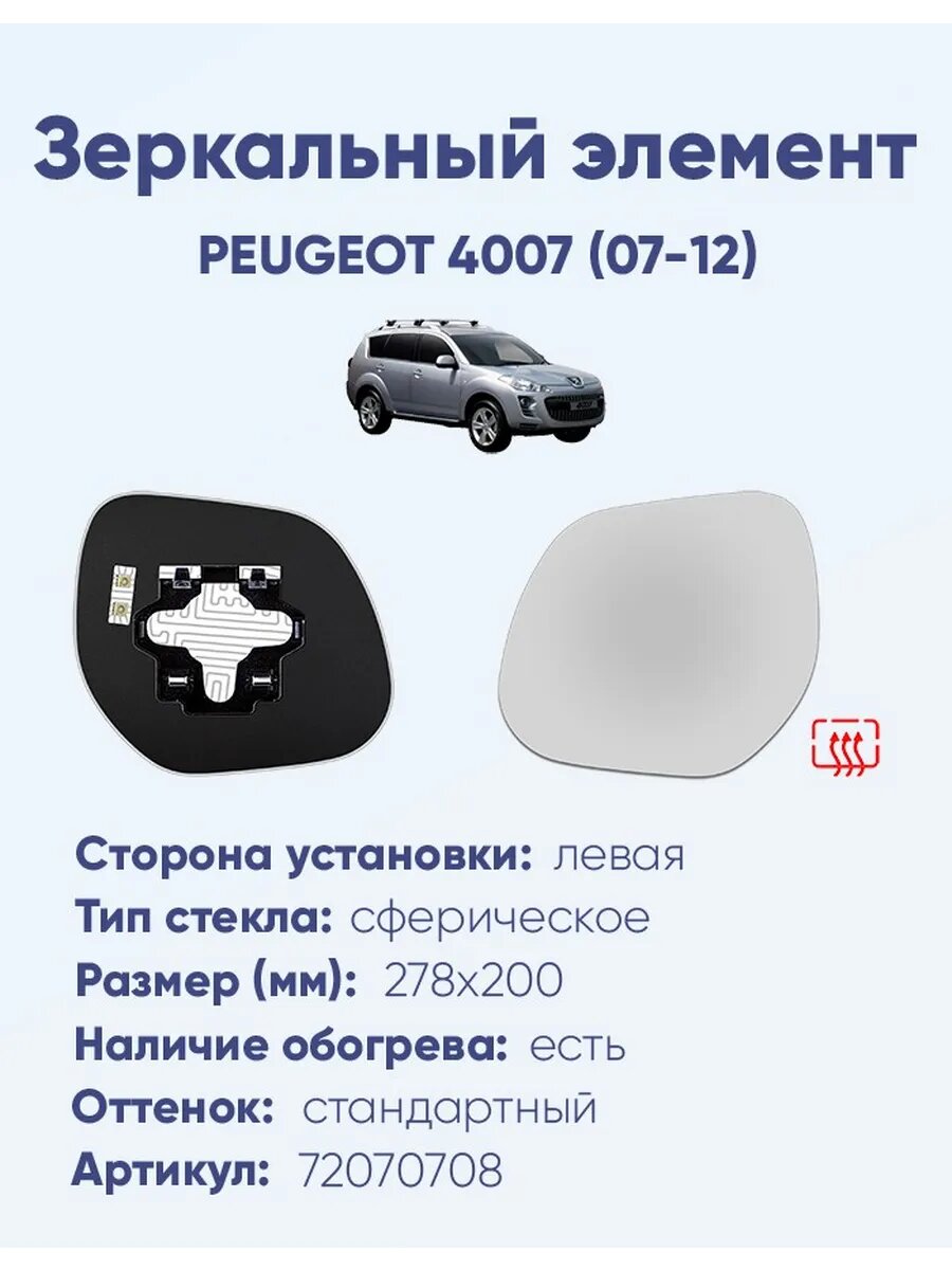 Зеркальный элемент левый PEUGEOT 4007 (07-12) сфера нейтральный с обогревом