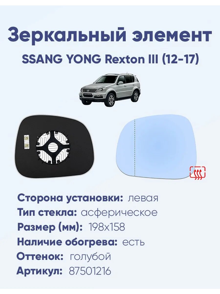 Зеркальный элемент левый SSANG YONG Rexton III (12-17) асферика голубой с обогревом