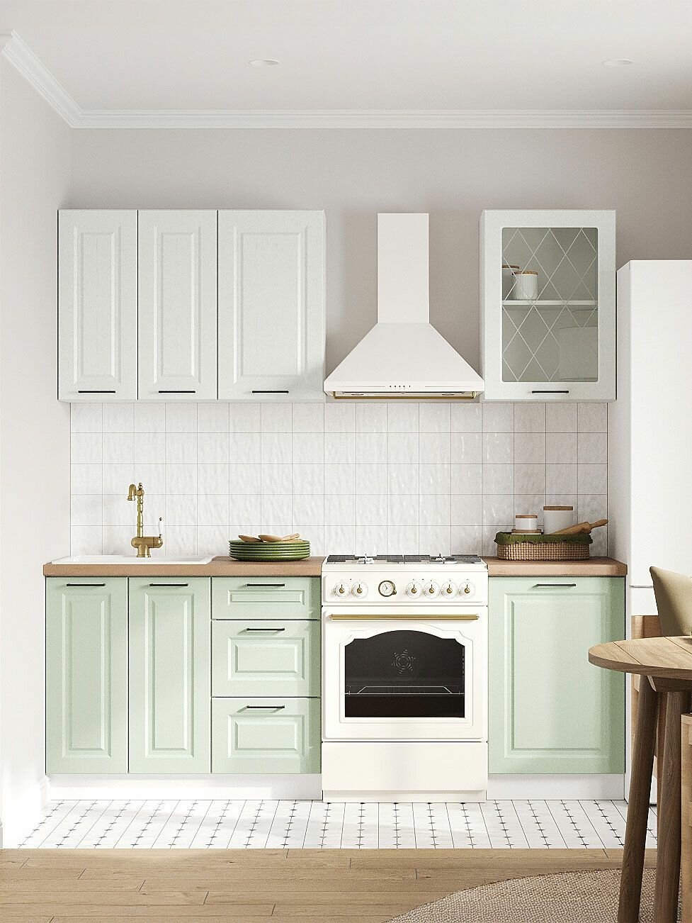 Кухонный гарнитур Шервуд 1.5 м, мебель для дома и кухни, Белый / Арктик со стеклом / Шато мята