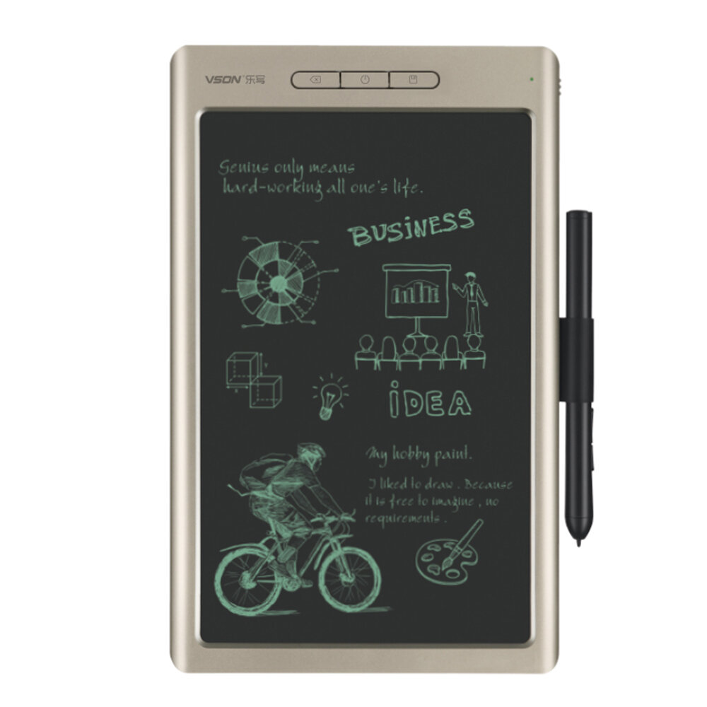 VSON Smart Graphics Tablet Digital Drawing Tablet 8192 Levels Pressure Sensitivity Synchronous Notes Transmission Gold BT USB 215*135mm 1000mAh 5V/1A 25.6*16*1.17cm 335g 1 Graphics tablet 1 Charging cable 1 Battery-free pen 3 Pen nibs