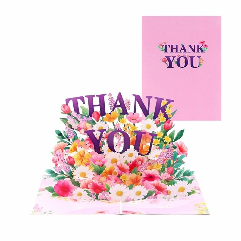 (1 набор) Объемная 3D открытка на день рождения "Thank You" (розово-фиолетовая)