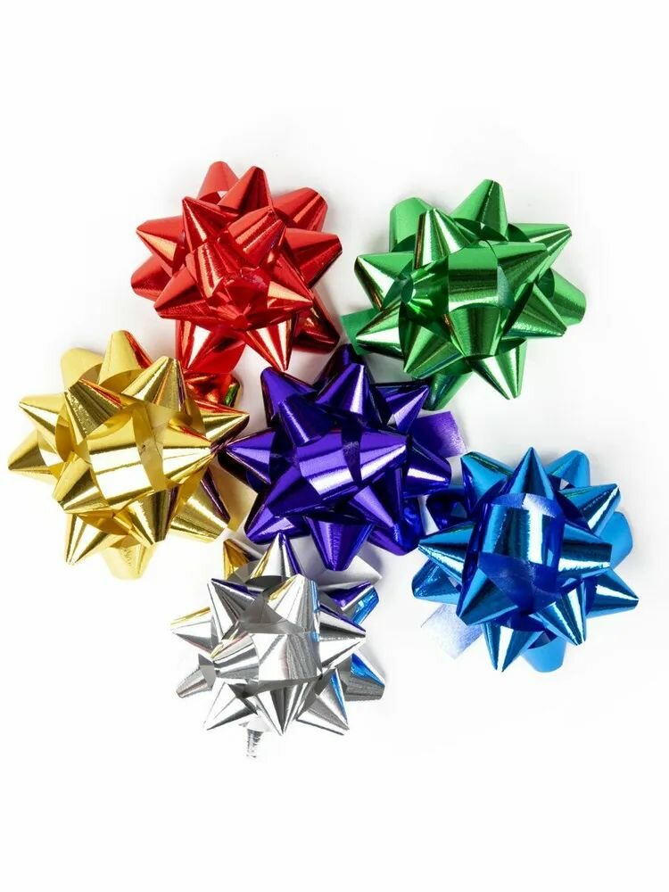 Бант-звезда d 7,5 см для подарка, набор 6 шт, металлизированные цвета ассорти, Золотая Сказка
