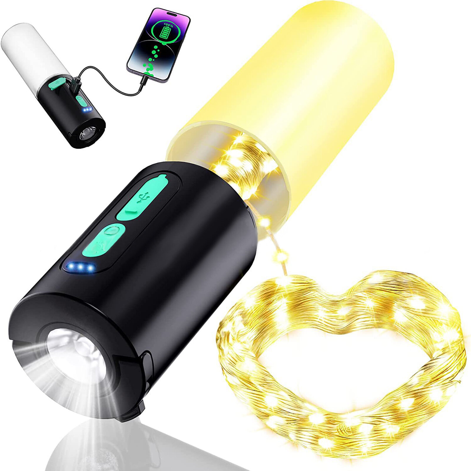 Аккумуляторный фонарь для походов с ночным светом и светодиодной лентой, Type-C, встроенная батарея 2*2000mAh, длина ленты 10м, 100 светодиодов, теплый белый цвет ленты, белый цвет фонаря, материал ABS, 1000 люмен, USB выход 5V 1A