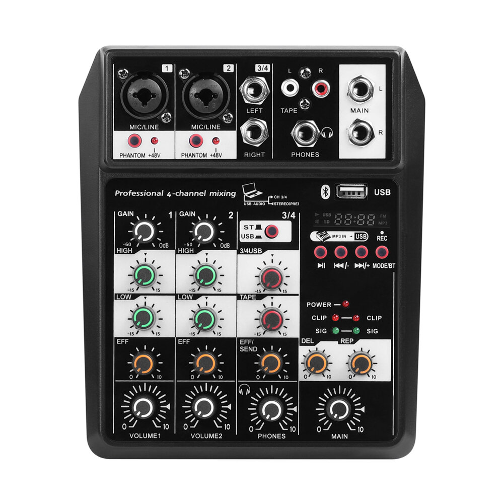 4-Channel BT Mixer с реверберацией для домашнего караоке USB Live Stage Karaoke Performance, материал пластик, чип DSP, мощность 600W, разъемы EU-Plug US-Plug (опционально), размер 190*160*50mm, вес упаковки 674g, в комплект входят 1 BT Mixer и 1 кабель