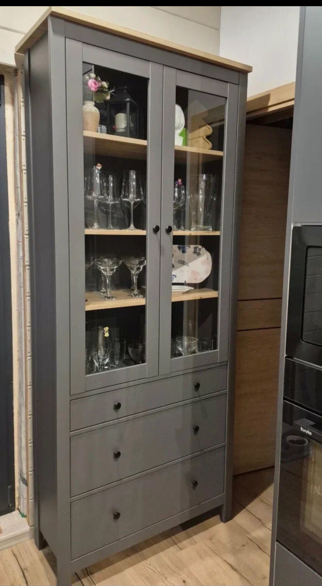 Шкаф с витриной икеа 90, 215.5 x 41.4 x 90.4 см, цвет: серый/ясень