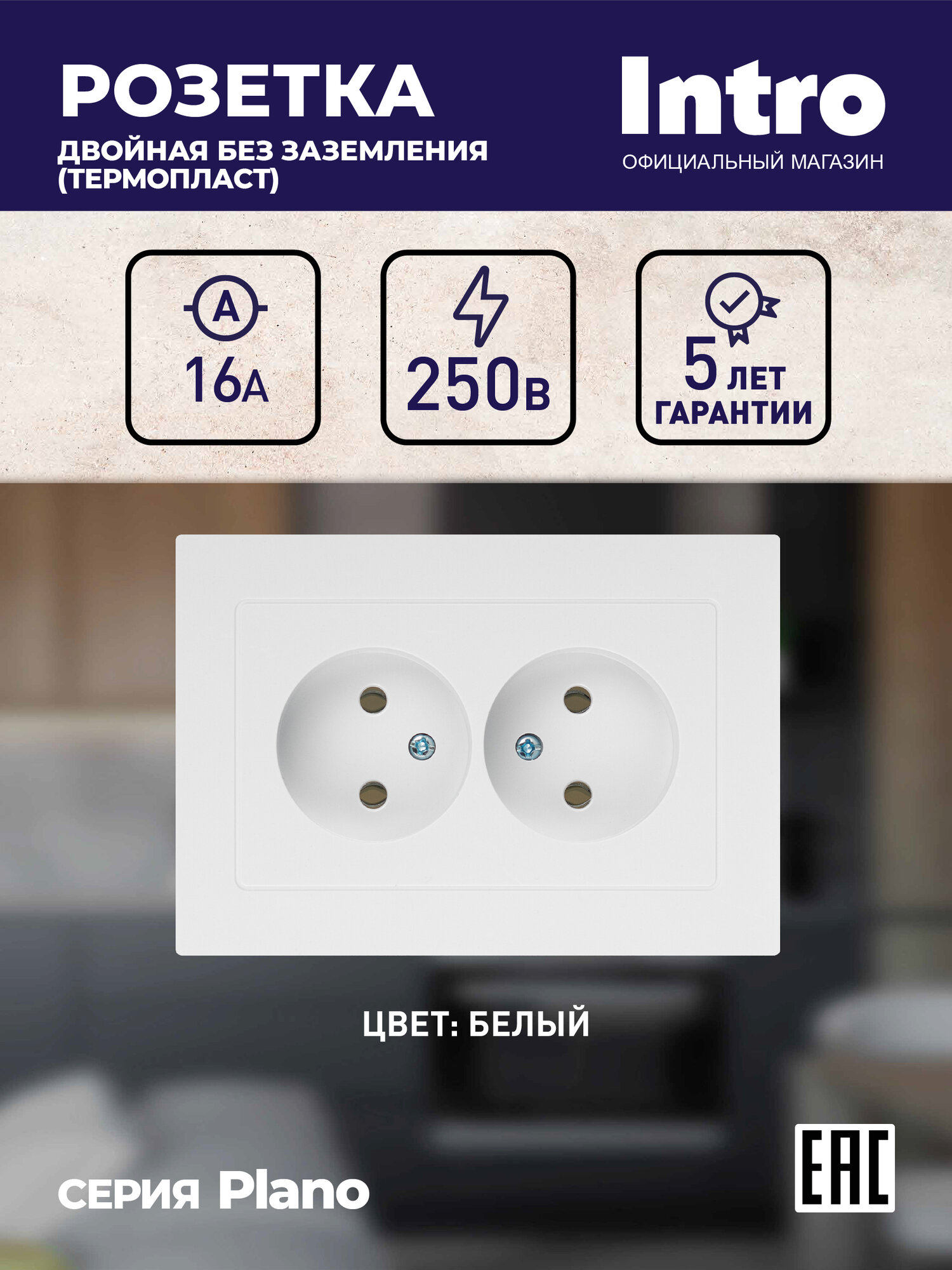 Розетка Intro Accent без заземления двойная 2х2P 16А-250В IP20 скрытой установки белый