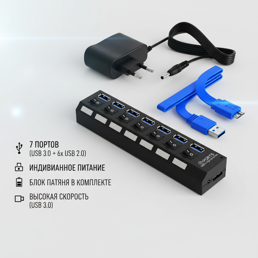 Активный USB-концентратор (Хаб) на 7 порто с питанием GSMIN AR-21 USB 3.0 + 6x USB 2.0 с сетевым адаптером (50 см) (USB 3.0 - AM/MicroBM) (Черный)