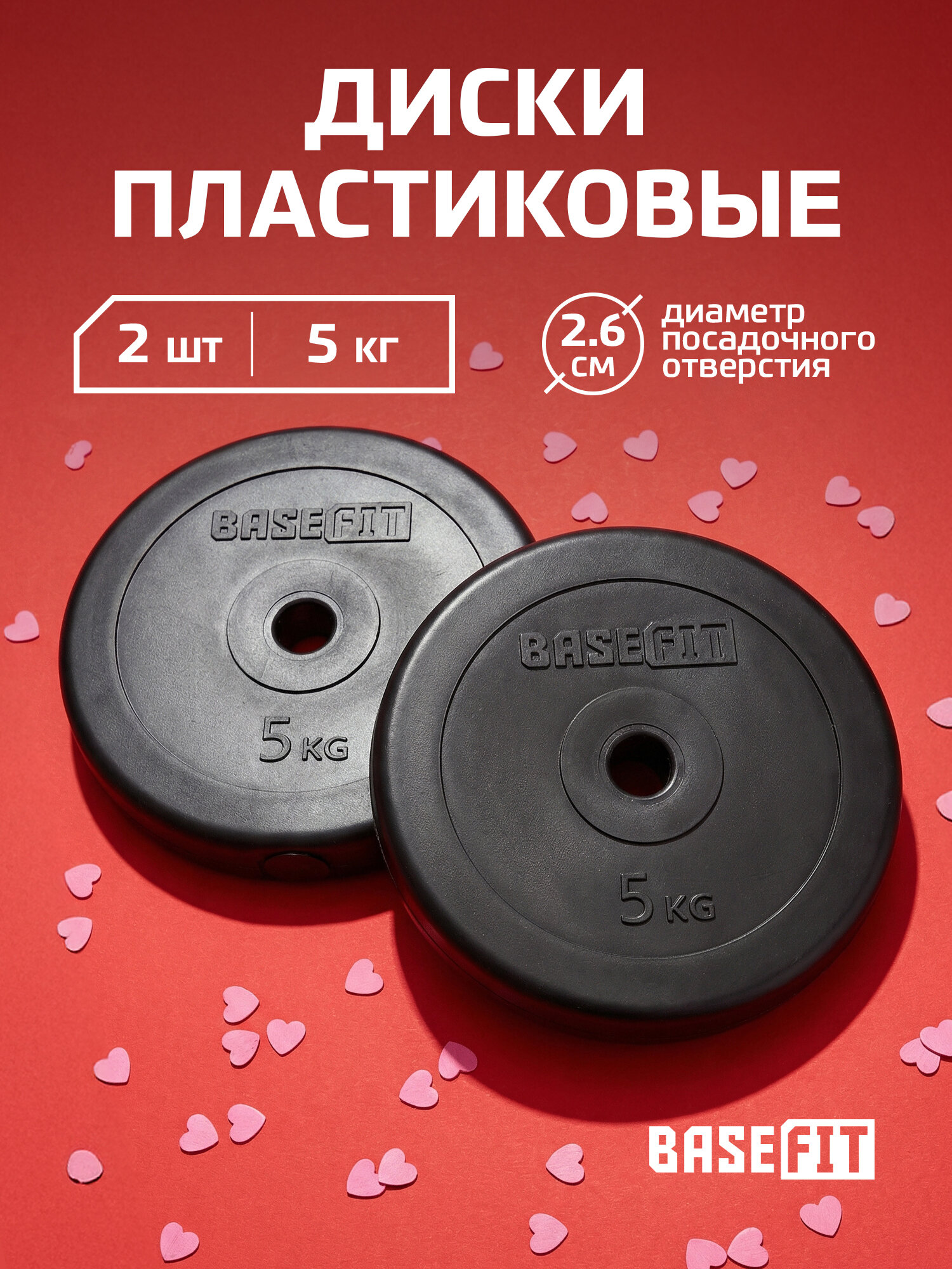 Диск пластиковый BASEFIT BB-203 5 кг, d=26 мм, черный, 2 шт.
