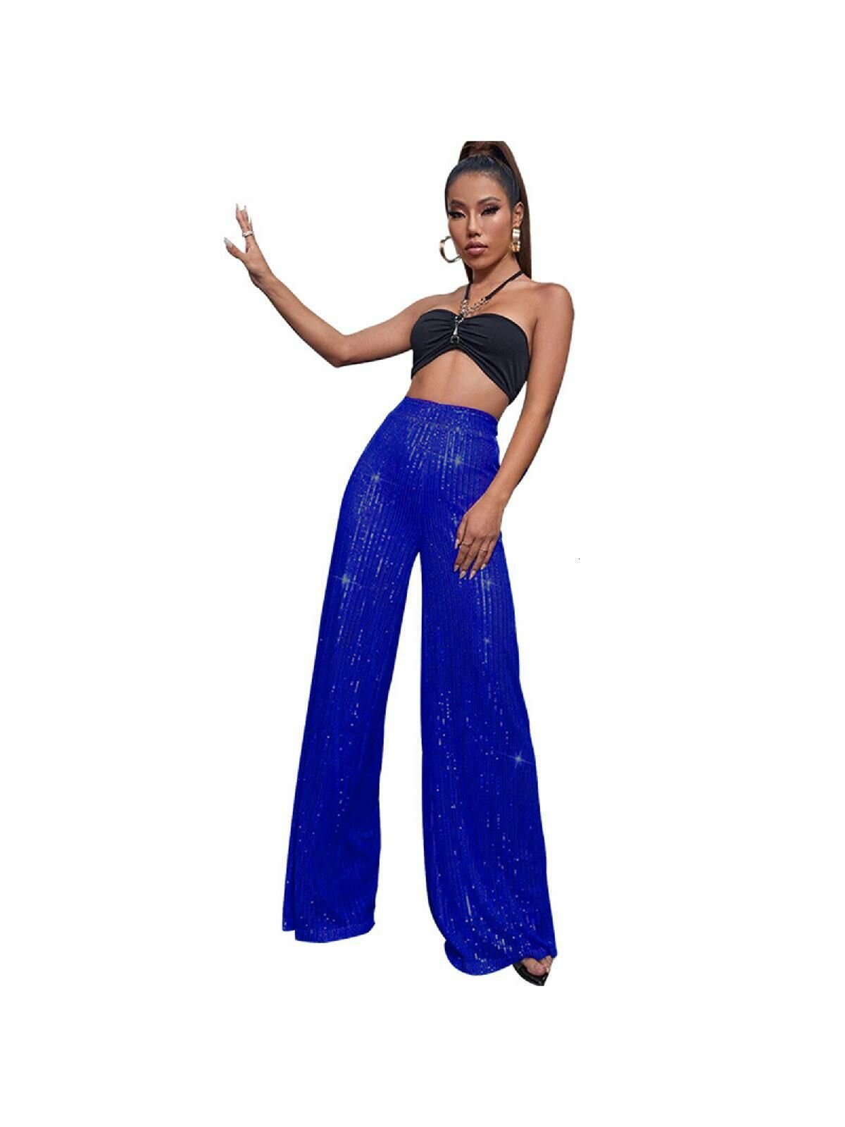 Блестящие женские брюки-клеш, Синий - L