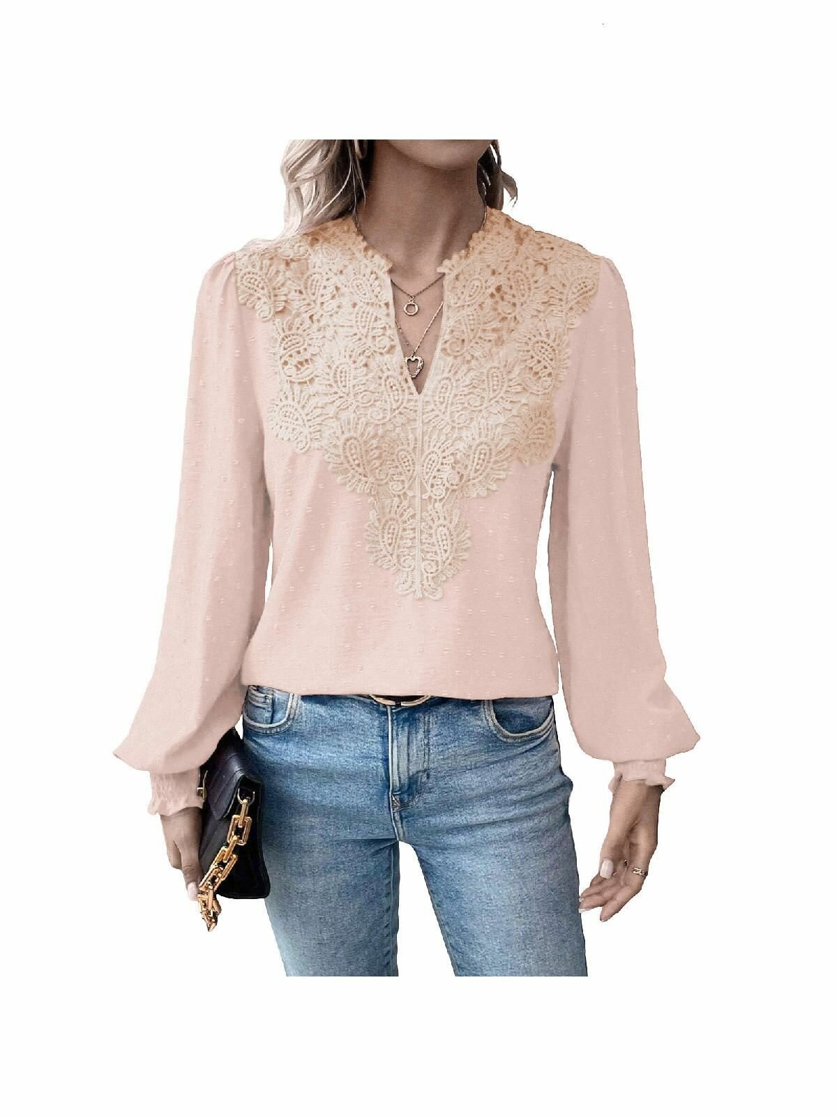 Женская блузка с V-образным вырезом и длинными рукавами, Розовый - XL