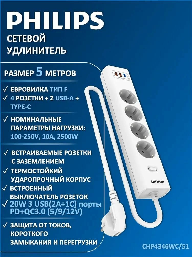 Philips сетевой фильтр 4 Розетки с USB PD/QC3.0 (5/9/12В) 20Вт кабель - 5M белый
