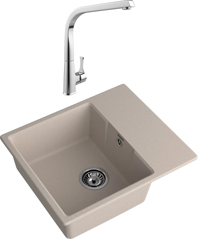 Комплект Мойка GranFest Urban 658L 58x49, песочная, кварц / Смеситель MEGA Mega MG-SUN03 глянцевый хром