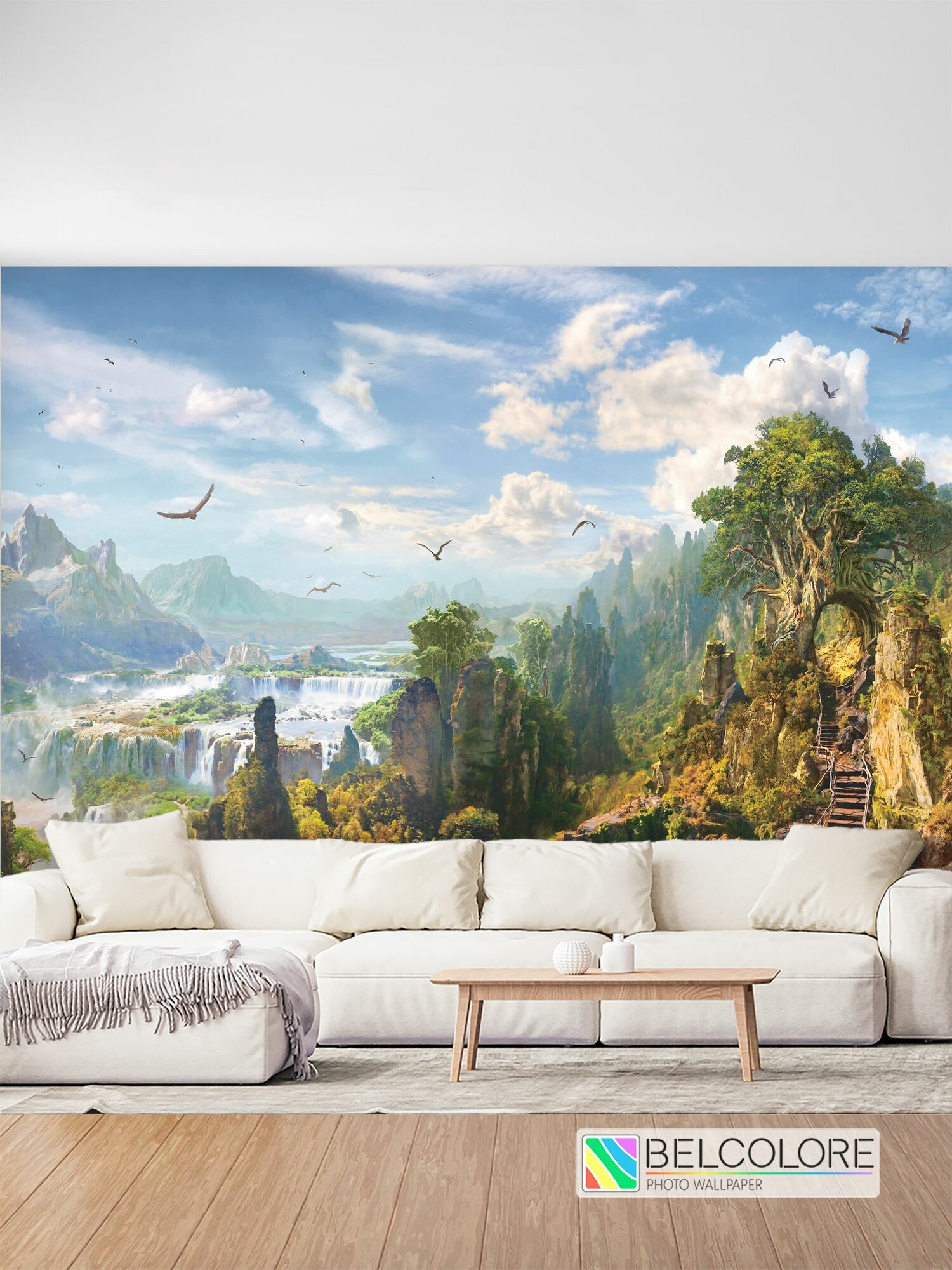 Фотообои на стену флизелиновые 3d, Природа, долина, горы и водопады, 500х270 см, на кухню, в спальню, рельефные моющиеся