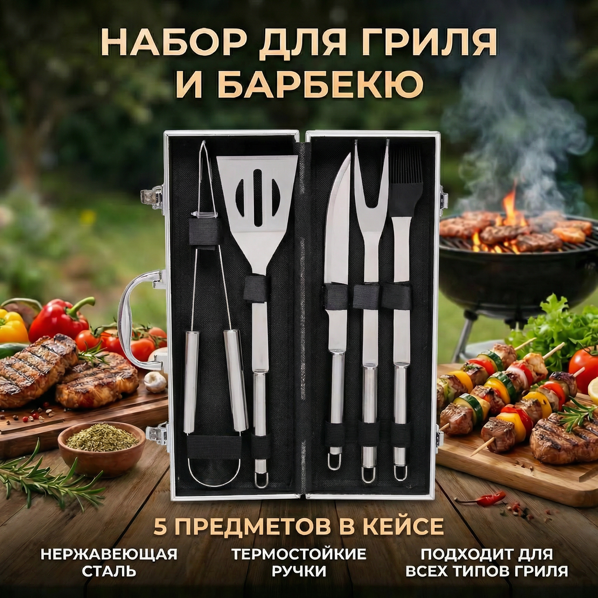 Набор для барбекю 5 предметов в кейсе, нержавеющая сталь, удобство и качество