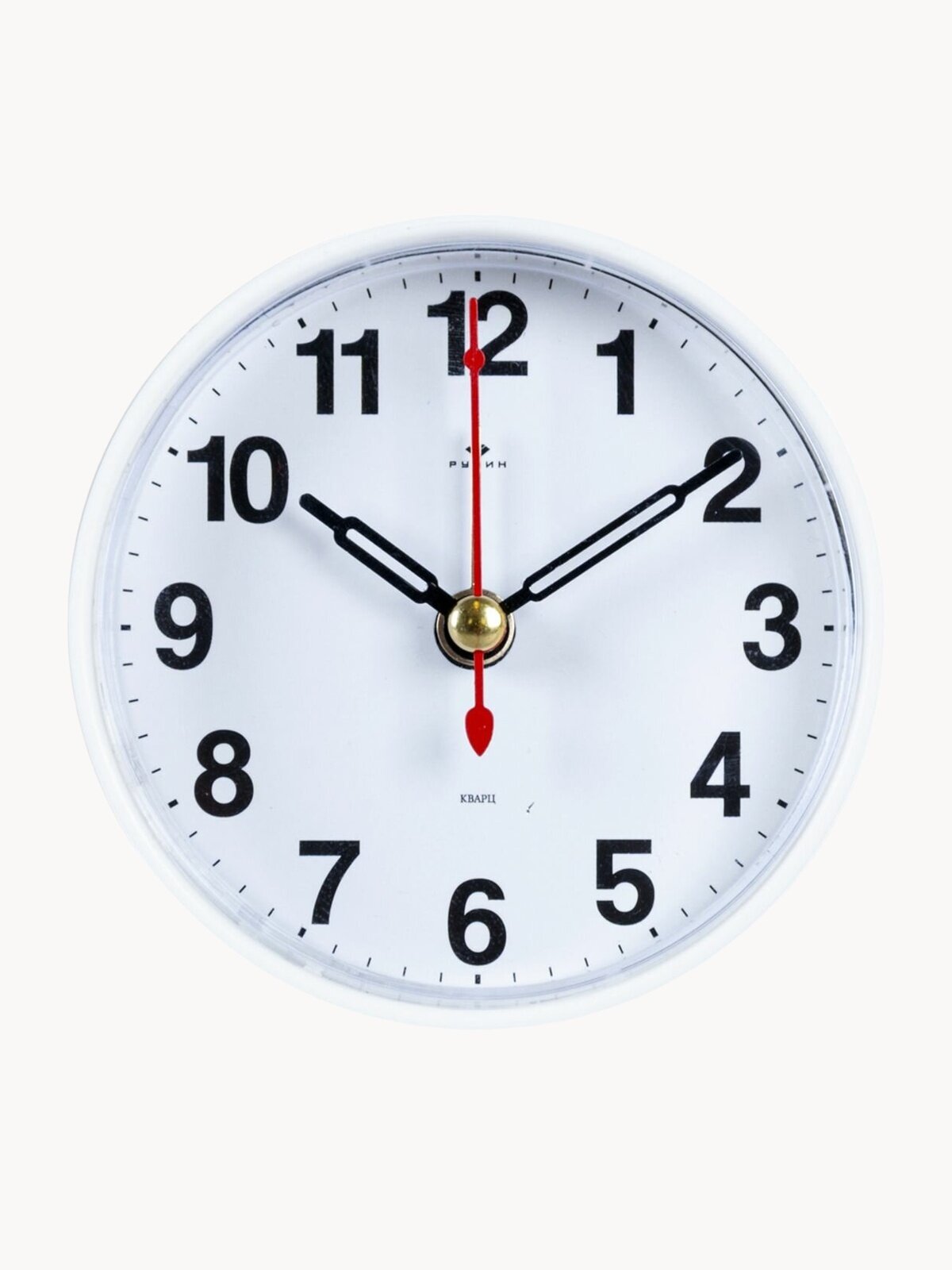 Часы настольные с будильником кварцевые Рубин крулые 8см белые