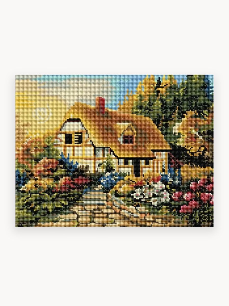 Алмазная мозаика "Сказочная избушка" ТРИ совы, 30x40 см, на подрамнике, с холстом, с поддоном