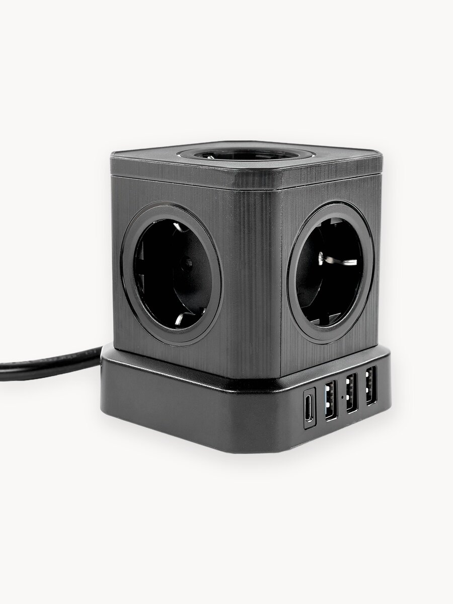 Сетевой фильтр с заземлением AGNI 5 розеток 220V, 3 USB 2.4A, 1 TYPE-C 20W (быстрая зарядка), 16A / 4000Вт 3м черный
