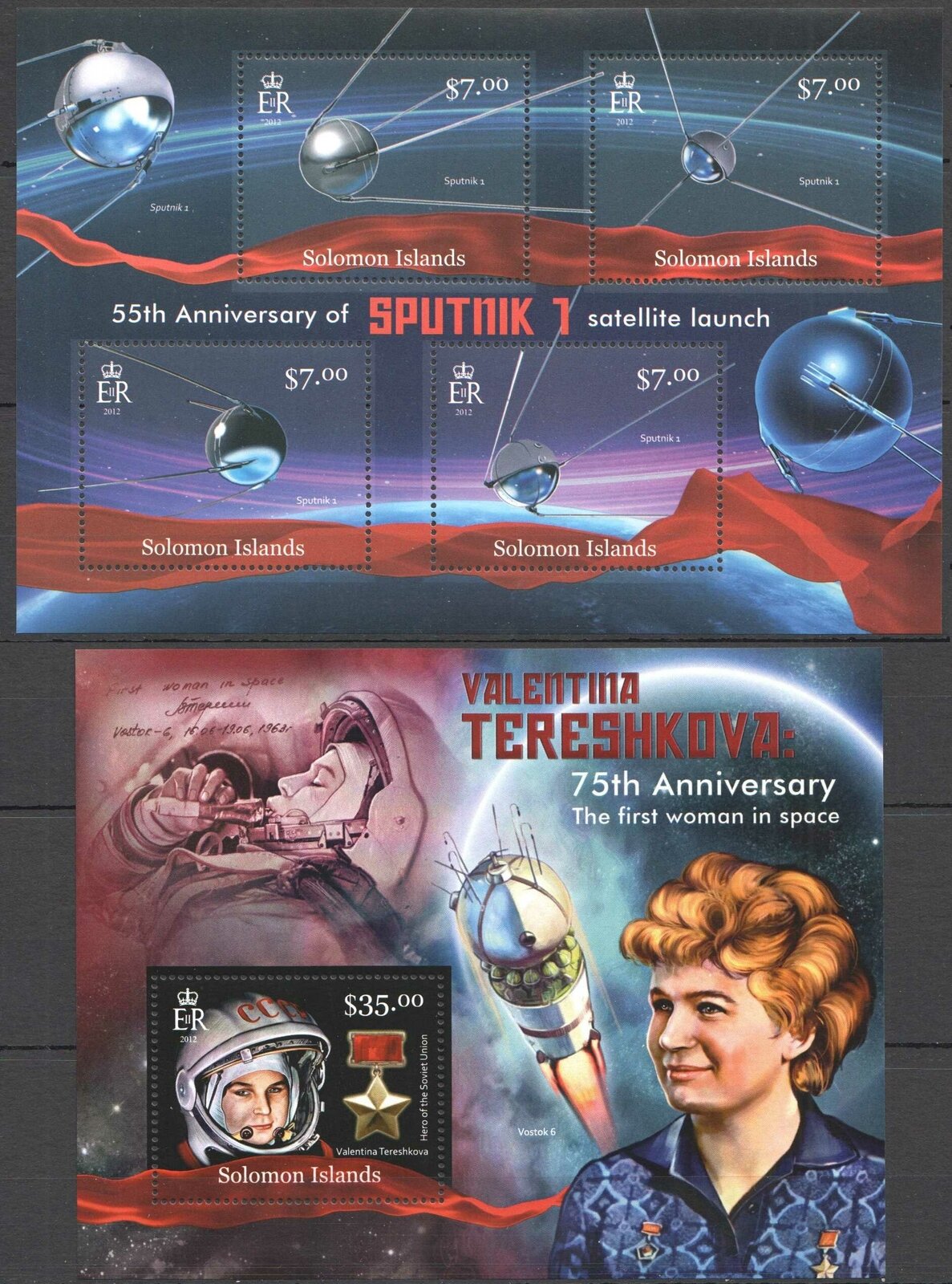 Марки 2012 Соломоновы Острова Космос Терешкова Спутник-1 #1651-54+Бл124 MNH