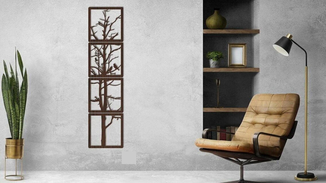 Панно/декор из дерева на стену Дерево с птичками (комплект из 4 панно)