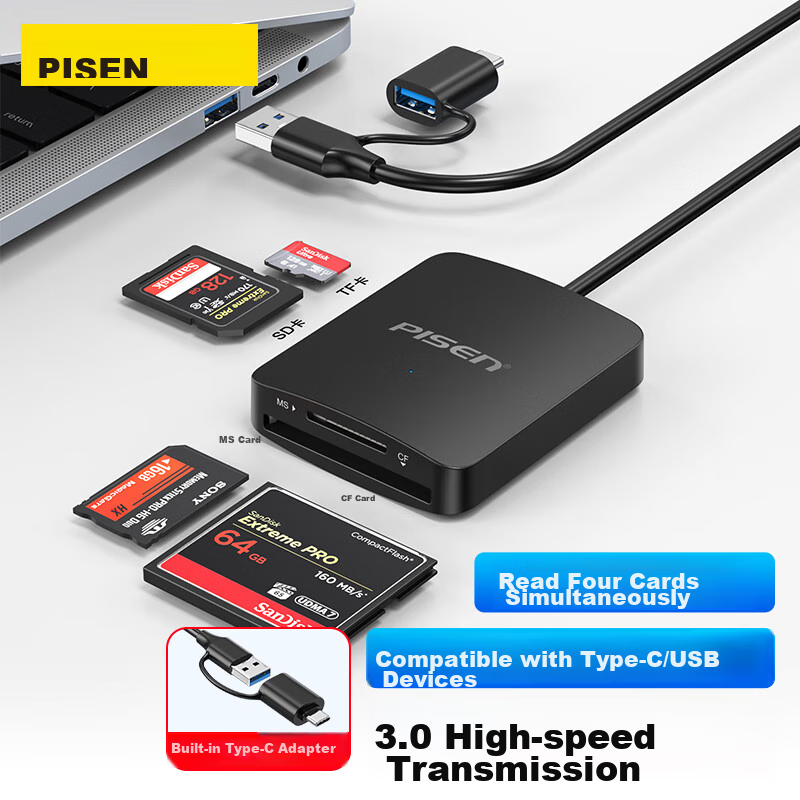 Pisen USB/Type-C 3.0 Multifunctional Card Reader Supports SD/TF/CF/MS Cards, Compatible with Camera, Recorder, Monitor Memory Cards, Suitable for Computers, Apple 15/16 Phones/iPad