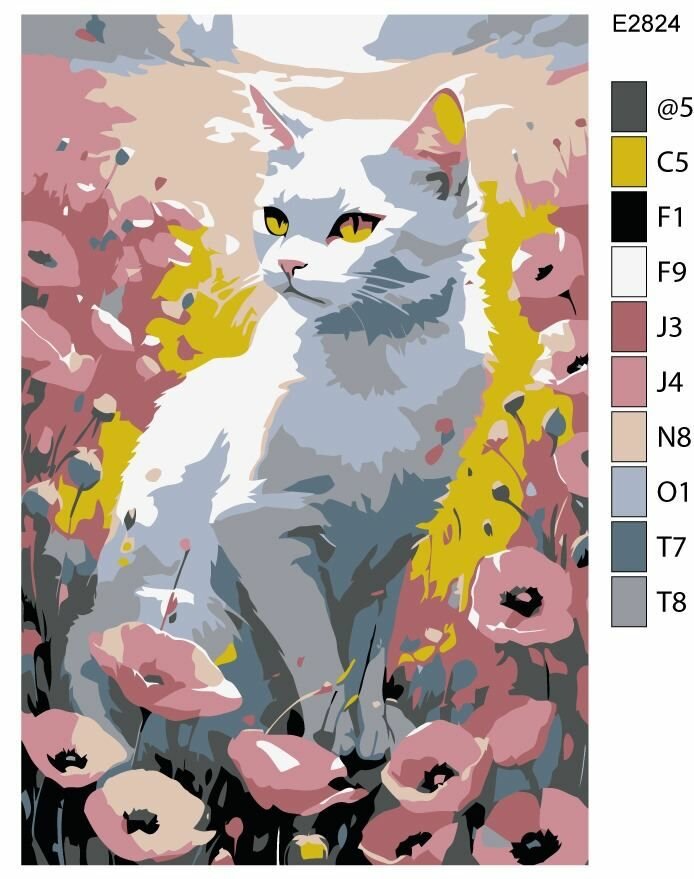 Детская картина по номерам E2824 "Белая кошечка в маковом поле" 20x30