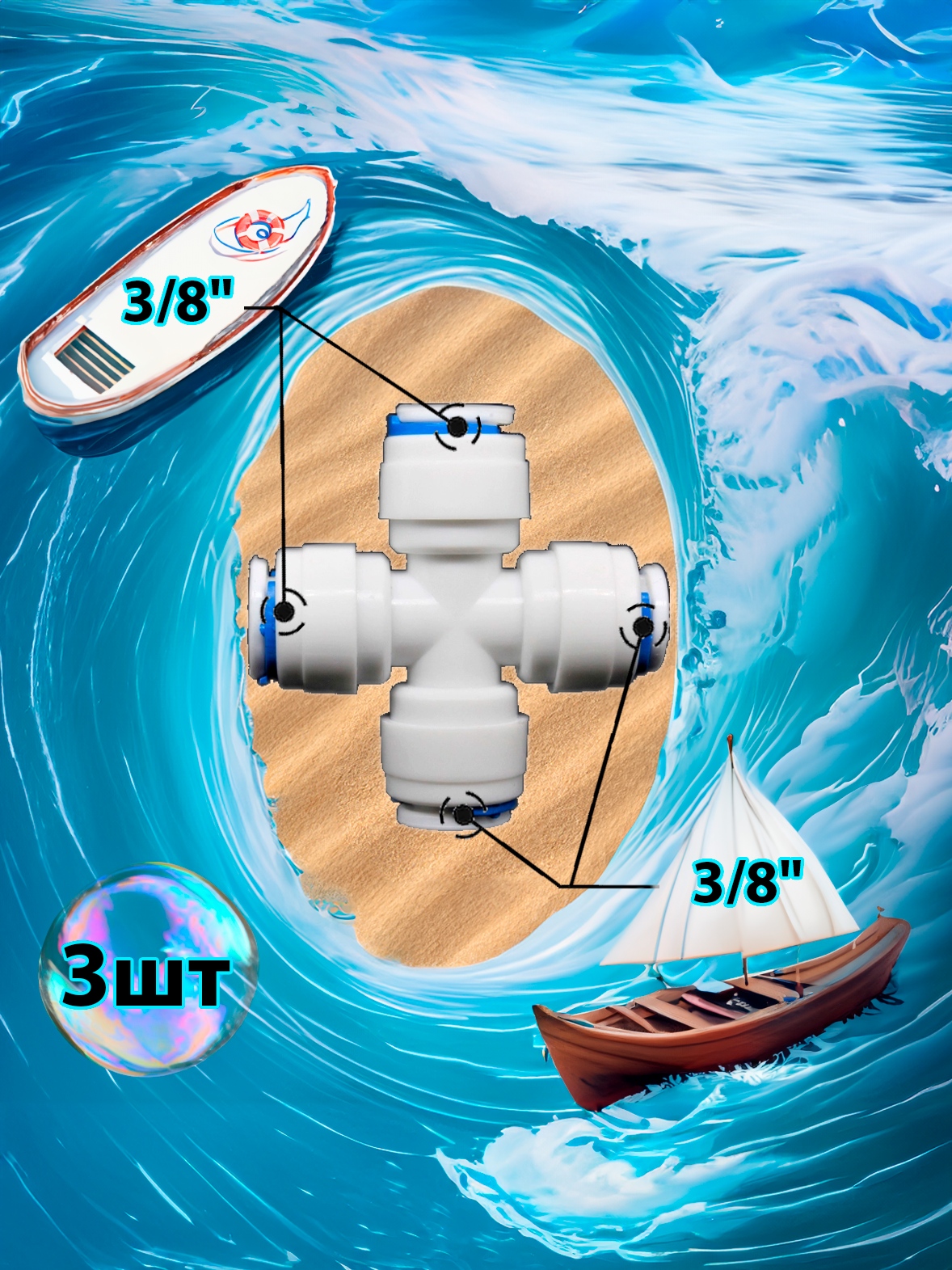Фитинг крестовина X-образная 3/8"-3/8"-3/8"-3/8" трубки (фитинги съемные для осмоса и фильтра) 3шт.