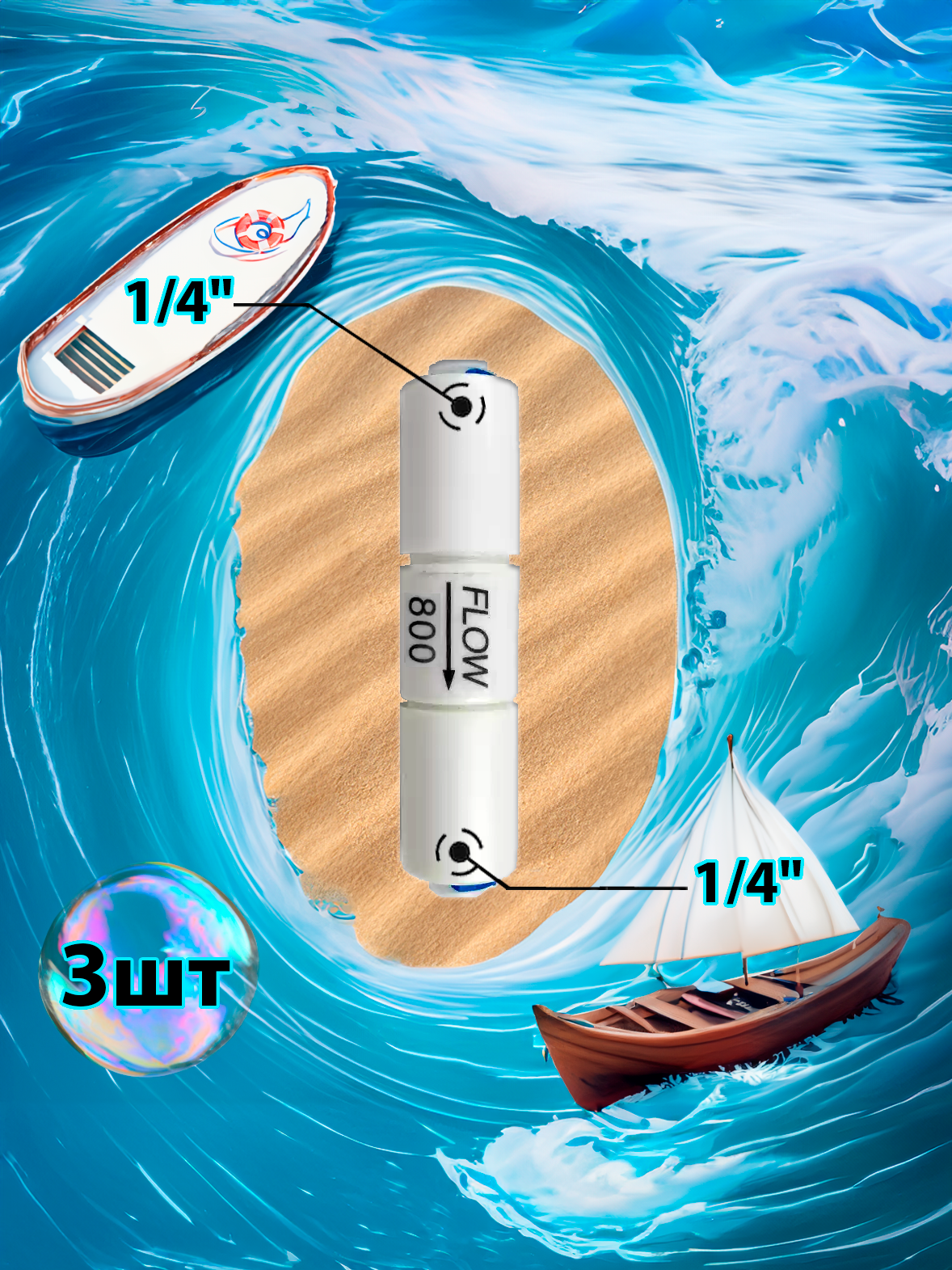 Ограничитель потока flow 800мл 1/4" трубка - 1/4" трубка (фитинги съемные для осмоса и фильтра) 3шт.