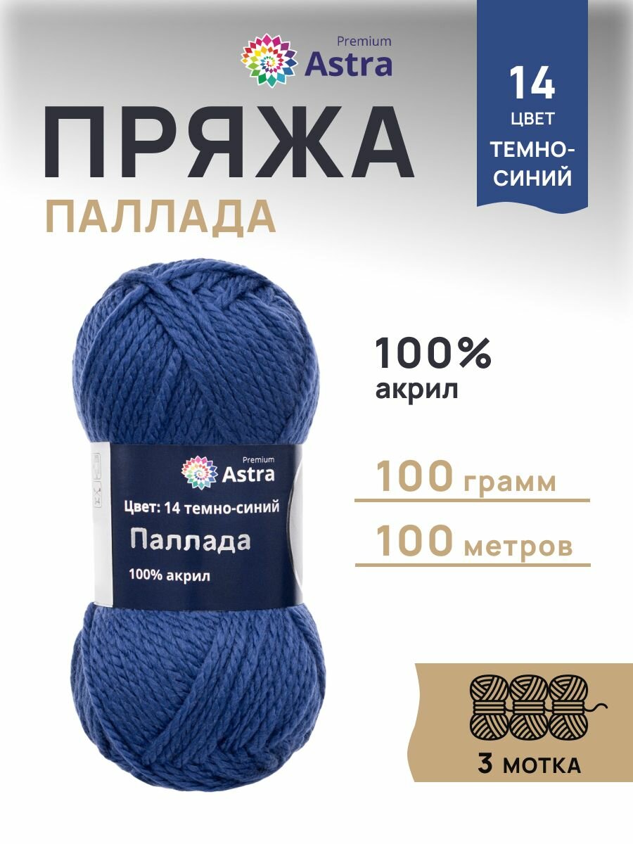 Пряжа для вязания Astra Premium 'Паллада' 100г, 100м (100% акрил) (14 темно-синий), 3 мотка