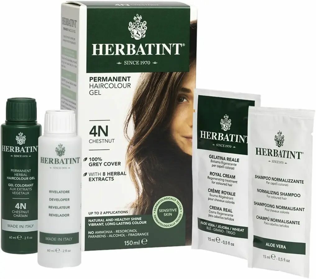 Гель-краска для волос без аммиака с экстрактами натуральных растений тон 4N каштан HERBATINT, 150 мл