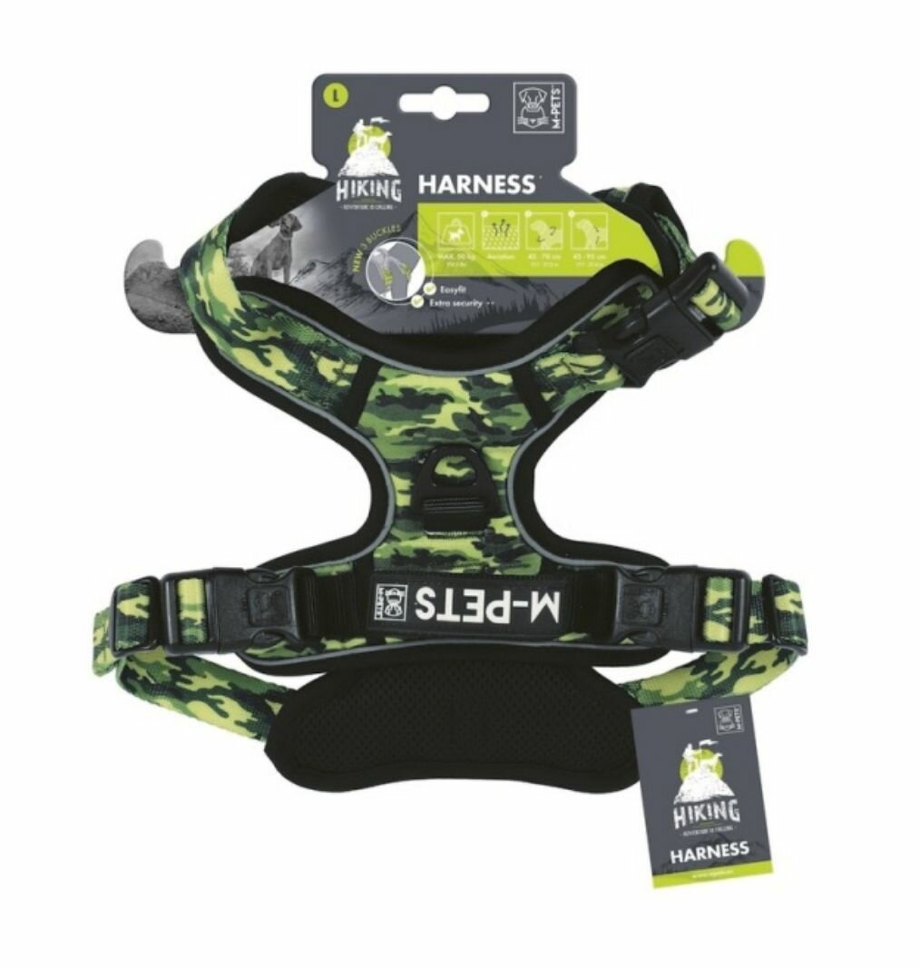 M-PETS Шлейка Hiking для собак средних и крупных пород, размер L, длина шеи 45-70 см, длина груди 45-95 см, ширина 25 мм, цвет камуфляж