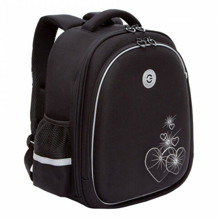 Ранец GRIZZLY анатомическая спинка, c брелоком, для девочек, "HEARTS", чёрный 36х28х20 см, RAz-586-5/1